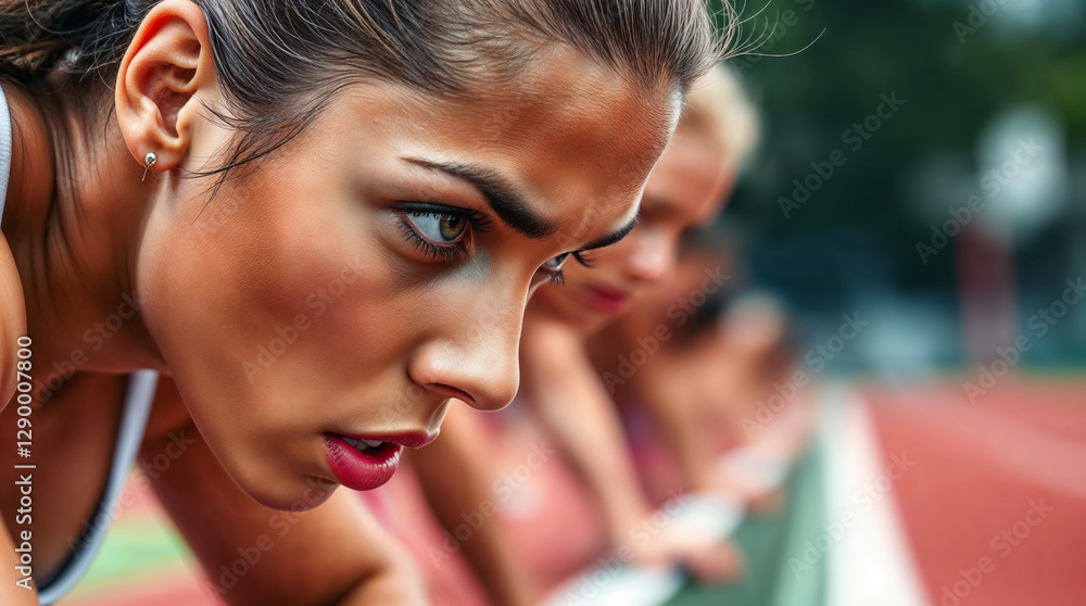 Athletic Woman in Starting Position on Running Track - Focused ...
