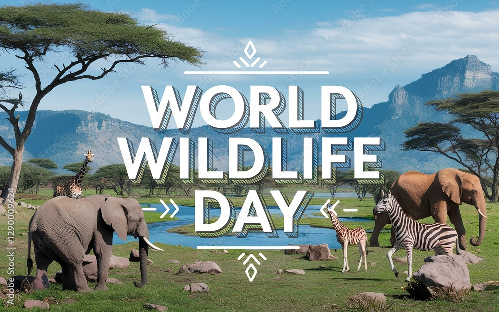 World Wildlife Day Text in Bold White 3D Font Over Scenic Nature ...