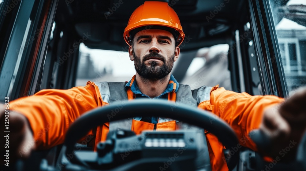 inside a massive construction excavator, wide-angle cockpit shot ...