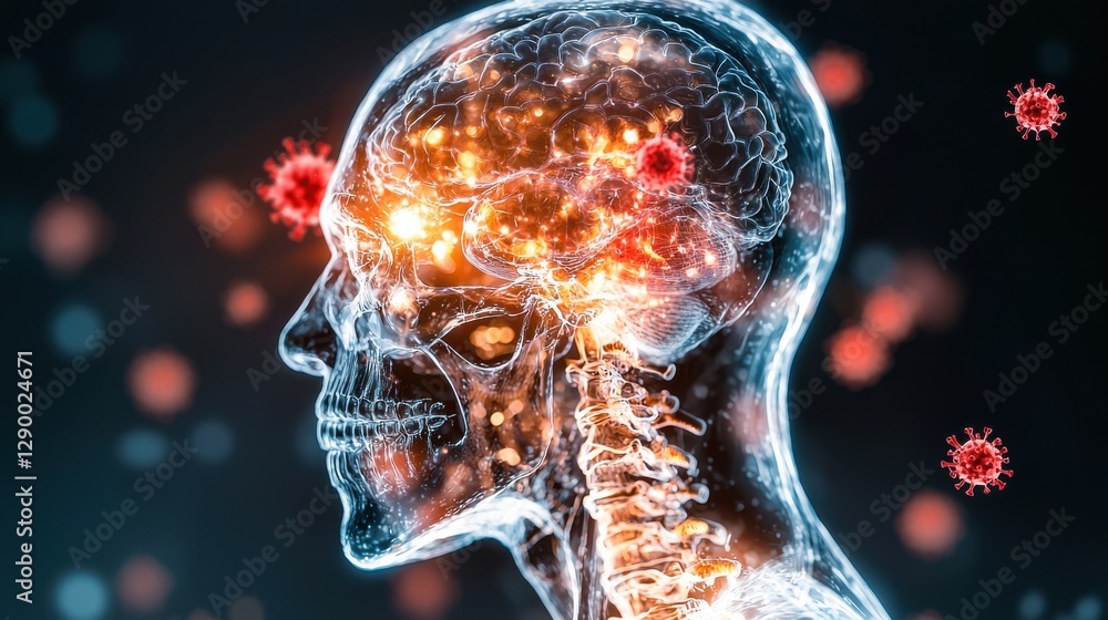 Glowing Digital Brain Anatomy Scan with Viral Infection Concept 3D X ...