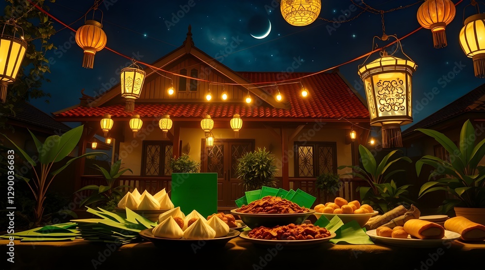 High-resolution photograph depicting a festive Hari Raya Aidilfitri night scene. A traditional ...