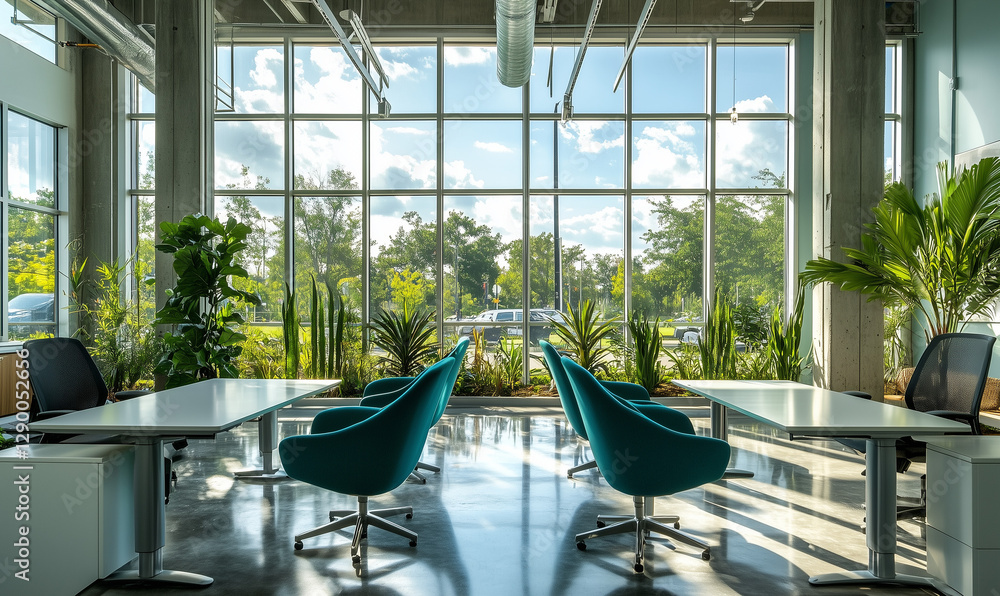 Modern chic co-working space featuring vibrant design, expansive glass ...
