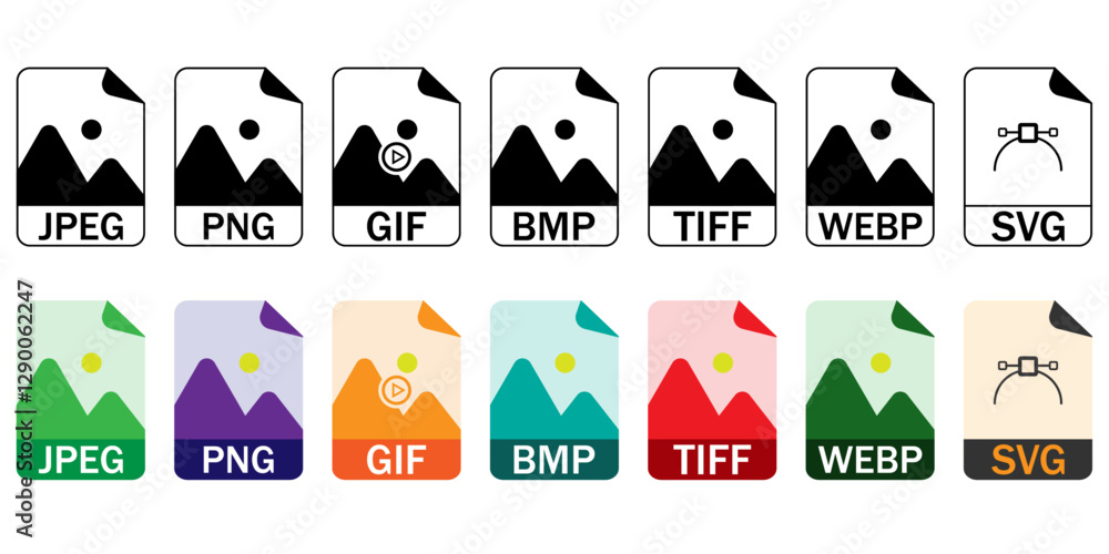 Collection of vector icons for image file formats (JPG, PNG, GIF, BMP, TIFF, WEBP, SVG) in ...