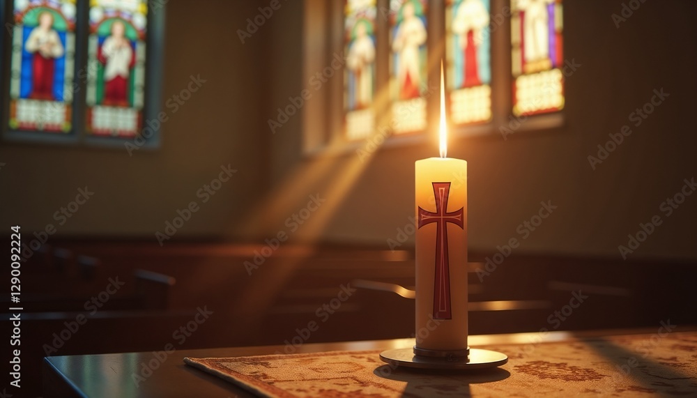 Cinematic church scene of a tall candle with a carved cross burning on ...