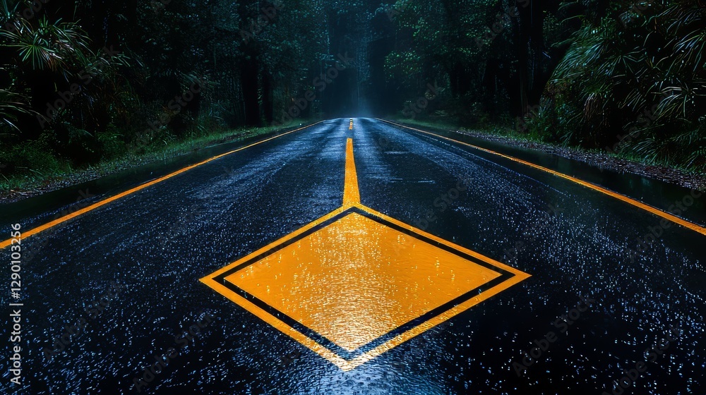 Vibrant close-up of a reflective road sign under soft rain, with the ...