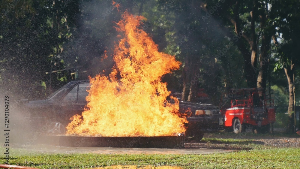 Fire explosion flammable car fire on street smoke, hot danger flame burning effect. Fire burn ...
