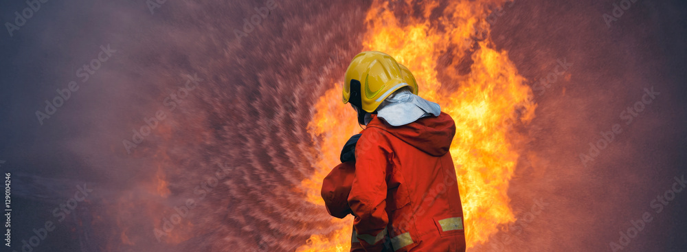 Banner Firefighter Rescue team training in fire fighting. Panorama ...