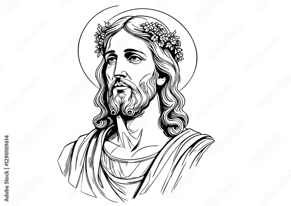 "Black and white illustration of Jesus Christ with a halo and a crown ...