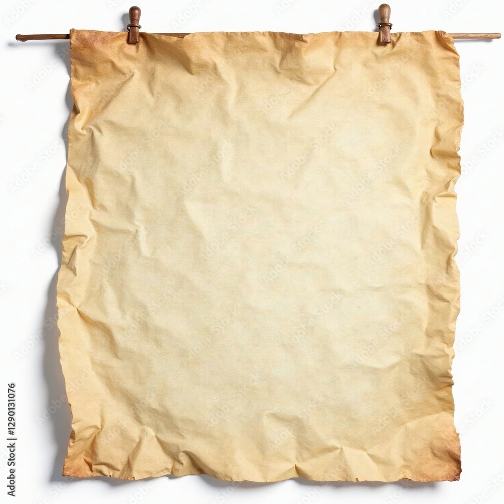 Wrinkled parchment sheet, showing age and texture, on white , scroll ...