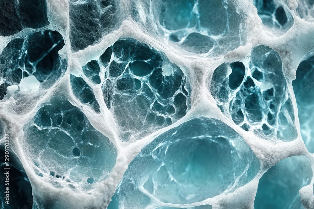 microscopic view of brittle bone webbing, pale grays fading into porous ...