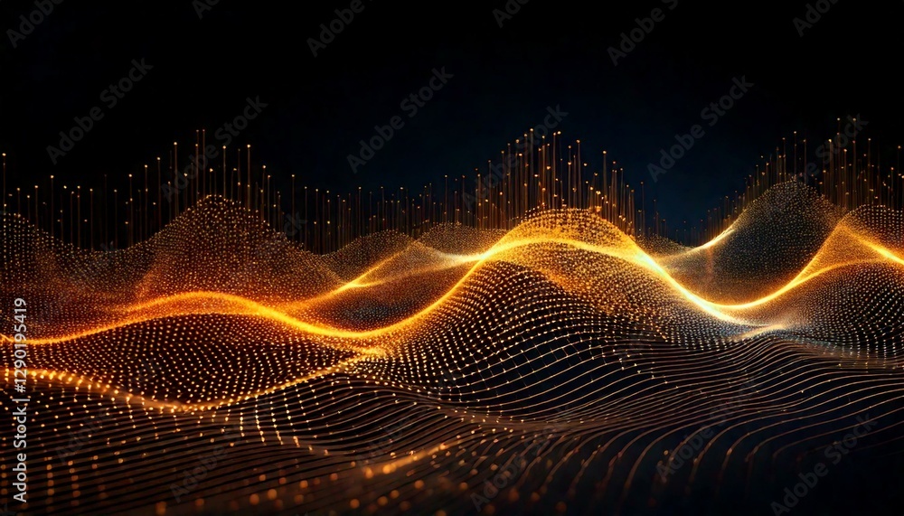 Glowing Particle Waveforms – A dynamic wave of glowing dots and particles, representing ...