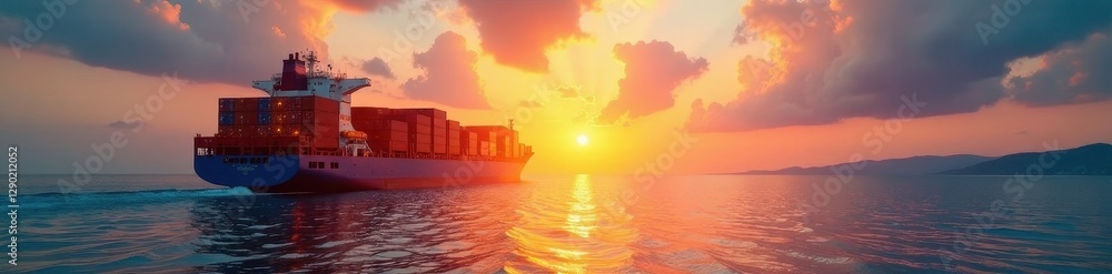 Sunrise over a container ship, tranquil waters , international trade ...