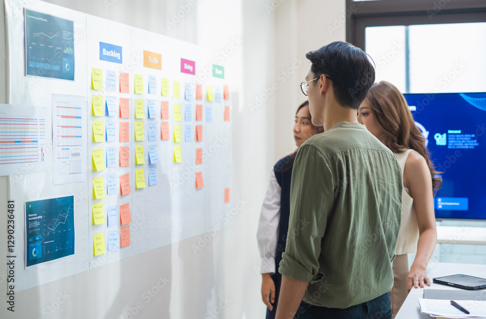 brainstorming session, using sticky notes on a task board (kanban) to ...