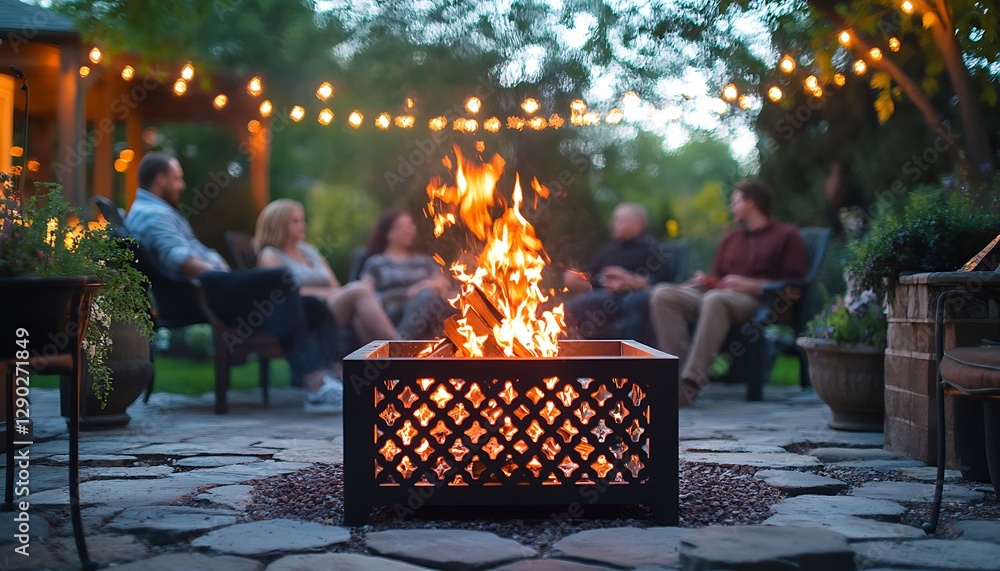 Friends gather 'round fire pit, backyard Stock Photo | Adobe Stock