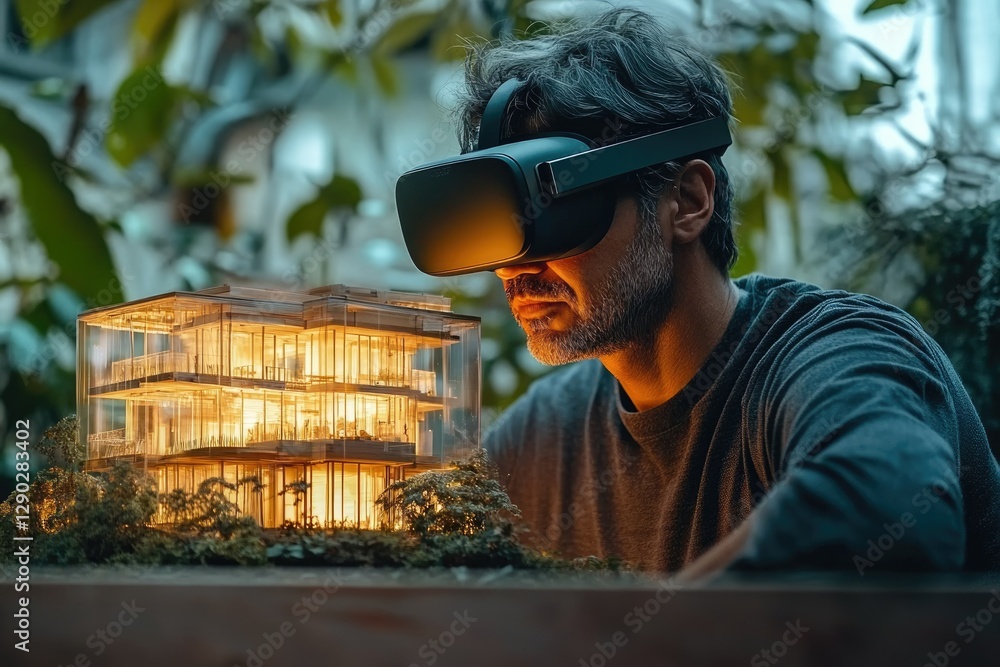 Man using VR headset to visualize and design a modern glass building ...