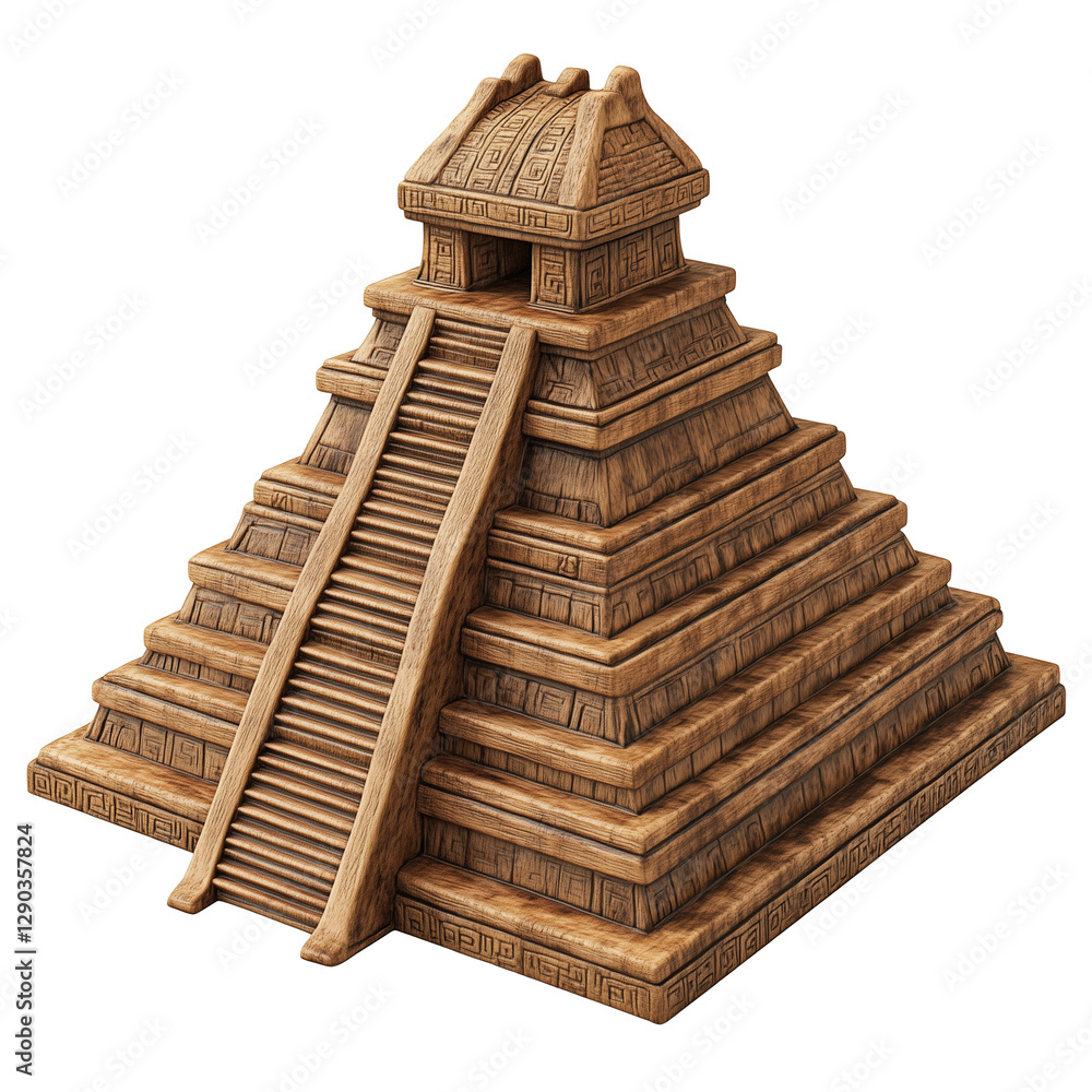 3D realistic solid wood Mayan pyramid with stairs isolated on ...