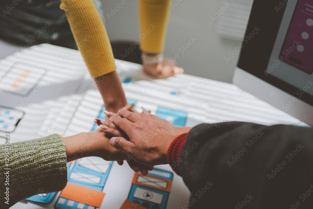Ui Ux Designers Collaborating Over A Mobile App Interface Prototype Showcasing Teamwork And