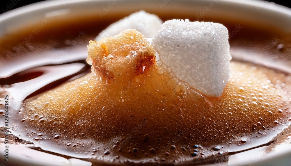 An extreme close-up of sugar granules dissolving in coffee, with ...