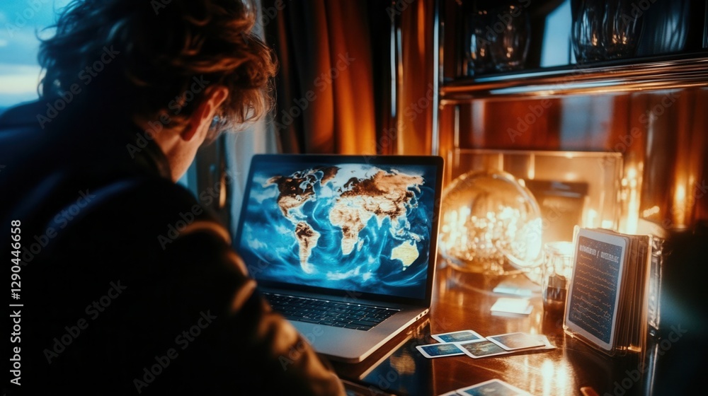 World map analysis on a laptop in a workspace. Stock Photo | Adobe Stock