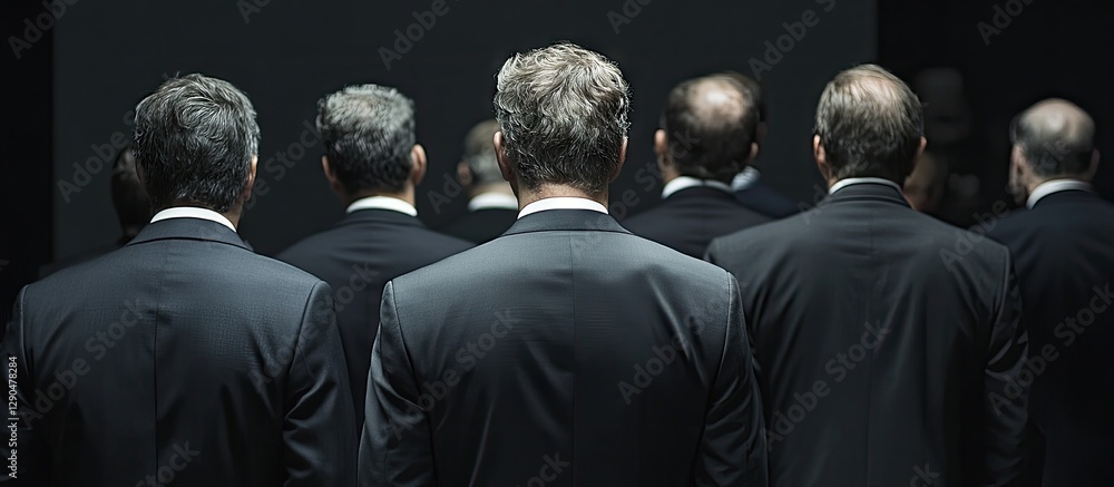 Group of men in black business suits viewed from behind, showcasing ...