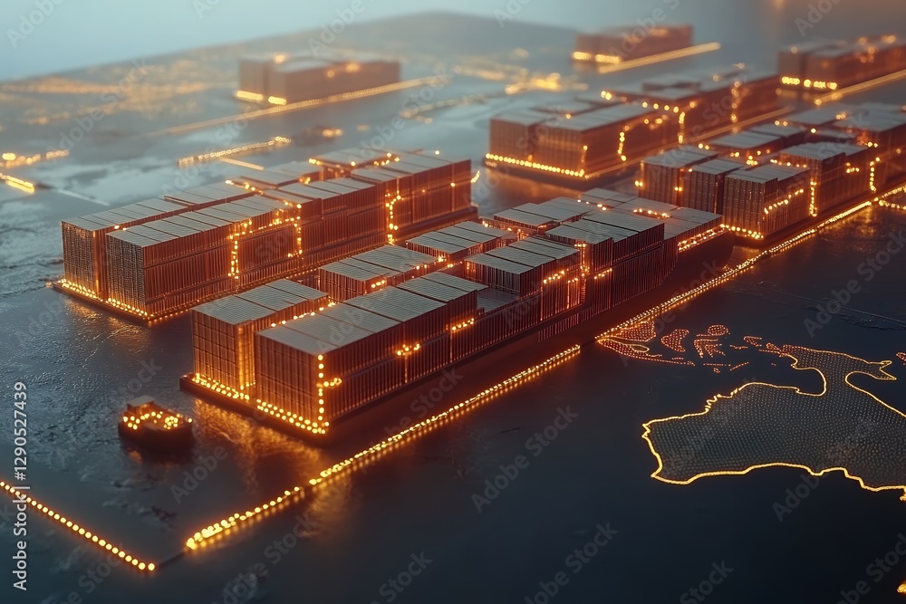 Illuminated futuristic shipping containers on digital map with glowing ...