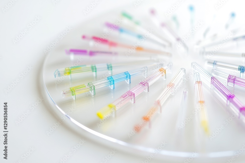 Colorful microfluidic devices arranged in a circular pattern on a clear ...