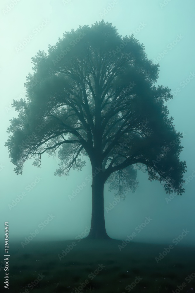 Imposing tree in misty fog, dramatic low key lighting, isolated , low ...
