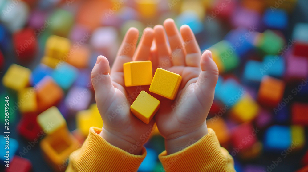 Child's hands joyfully flapping with colorful building blocks in a ...
