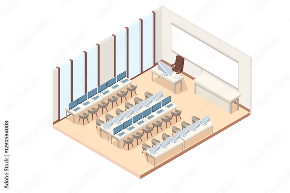 Isometric computer classroom with rows of desks. Educational IT lab ...