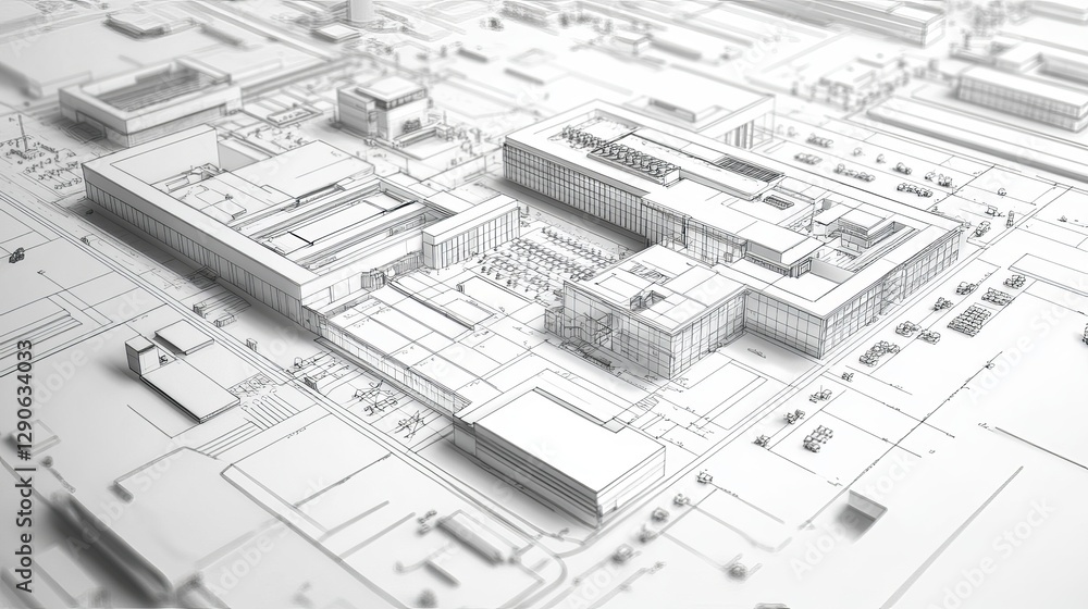 Architectural Building Design Blueprint 3D Model Modern Complex ...
