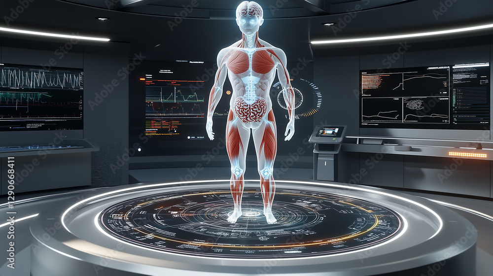 A sleek, modern health research facility where an AI-driven holographic ...