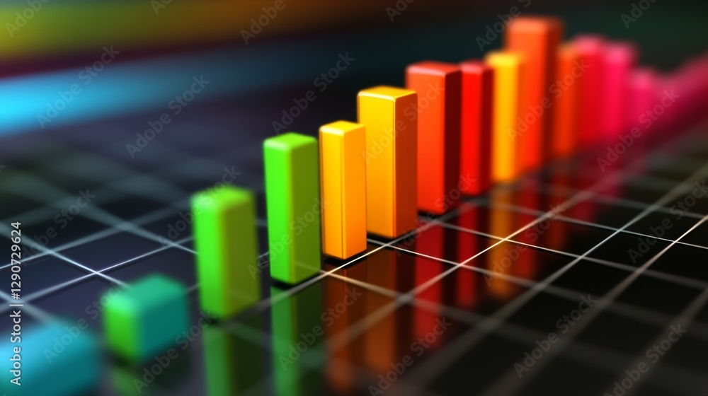 D bar graph with gradient color bars emerging from a base grid, with ...