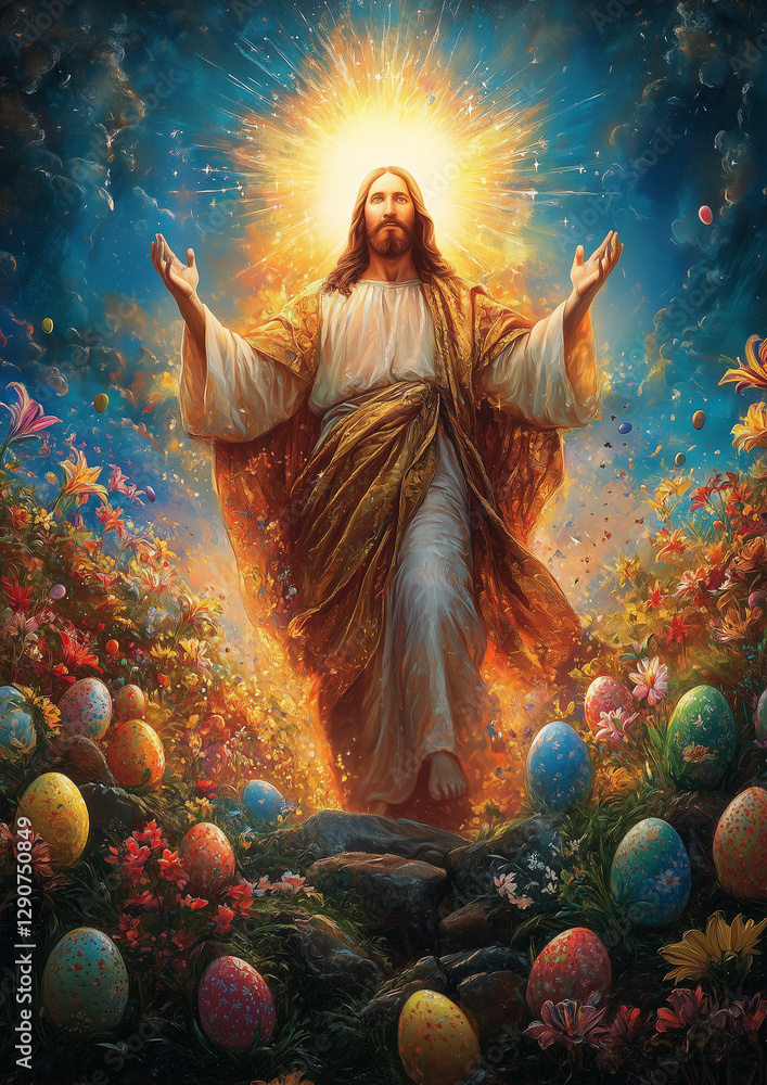 Holy jesus is praying on a meadow with easter eggs and flowers Stock ...