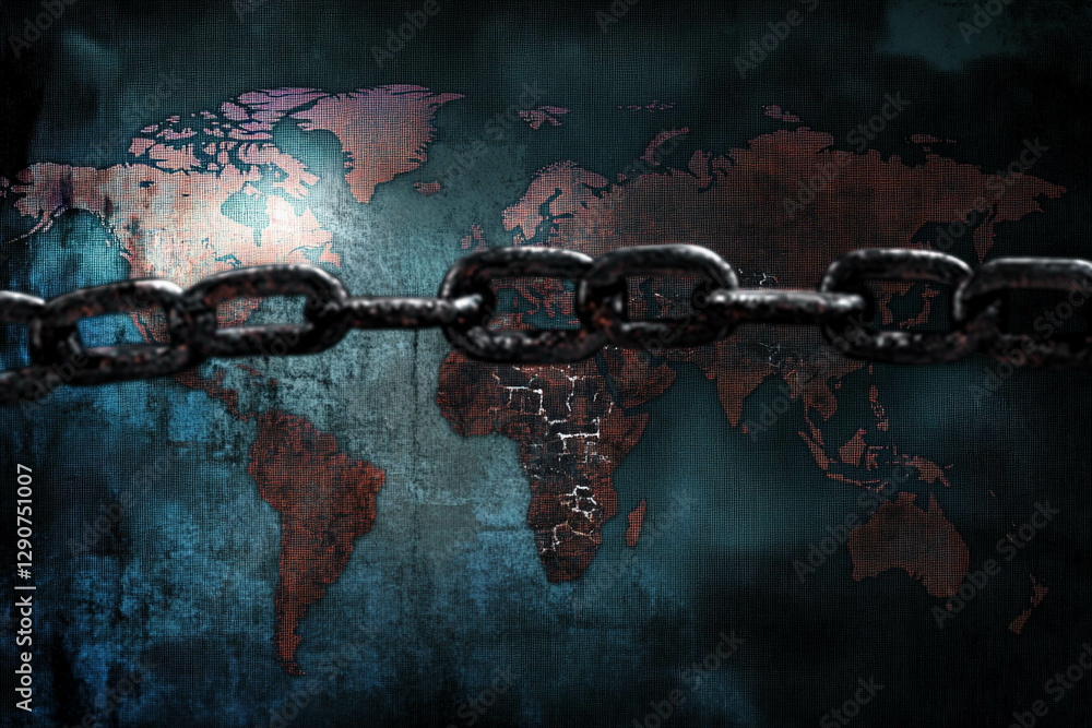 A dark, textured background featuring a world map with a chain overlay ...