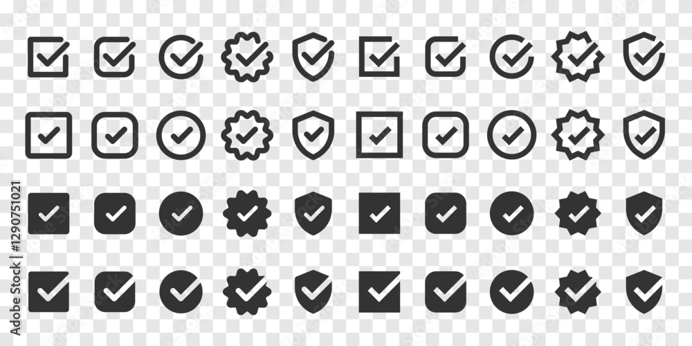 Collection of check mark icons in various styles. Check marks in boxes ...