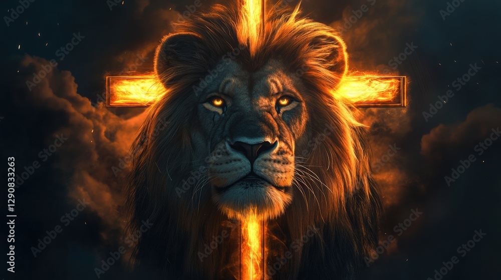 A bold illustration of the Lion of Judah, with a glowing cross behind ...