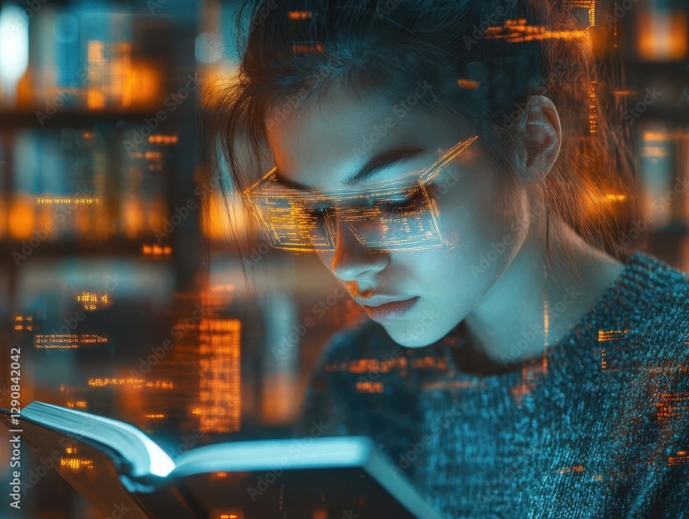 A student reading a digital book with holographic pages in a virtual ...