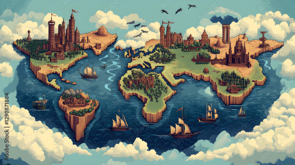 Retro Fantasy World Map - Nostalgic 8-Bit Pixel Art Adventure Planning ...