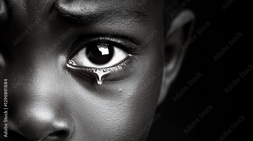 Close-up portrait of a sad white boy with red hair and blue eyes crying ...