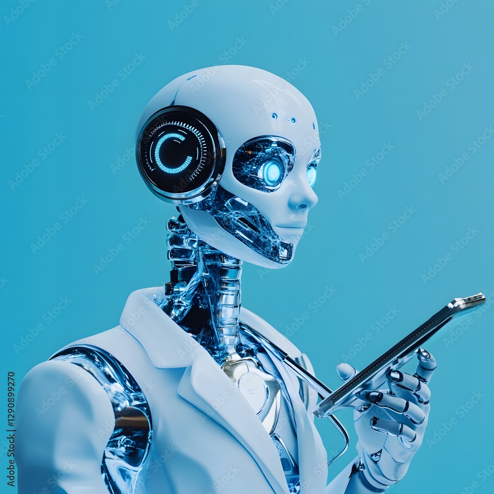 Robot holding cell phone and medical ai platforms in realistic ...
