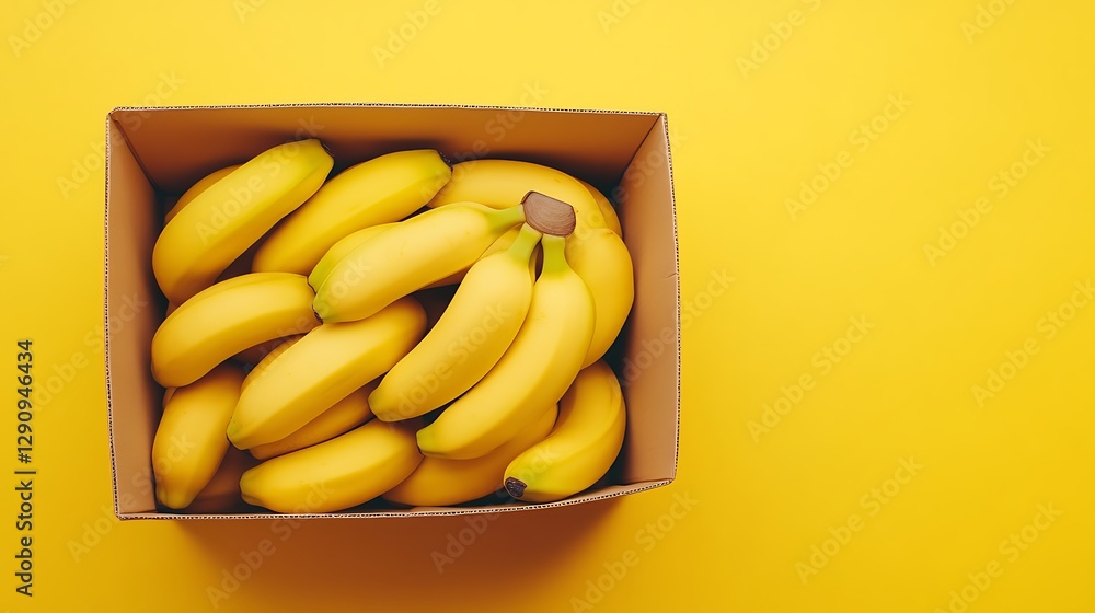 Bunch of bananas inside a cardboard box sits on a solid yellow ...