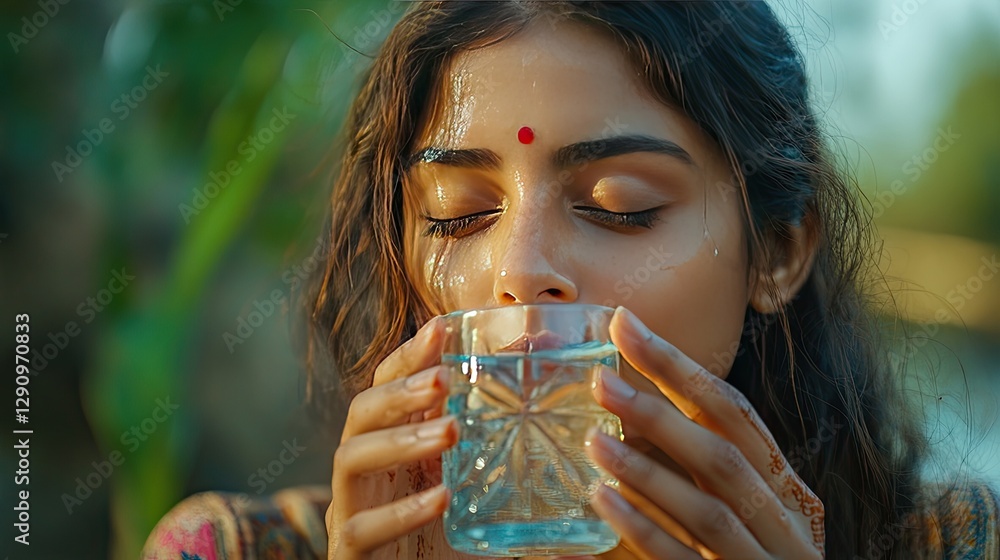 Young Indian woman enjoying pure fresh mineral water, drinking from a ...