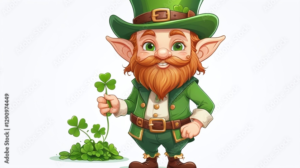 Cute leprechaun holding clover leaf. Cartoon lucky elf dwarf bearded ...
