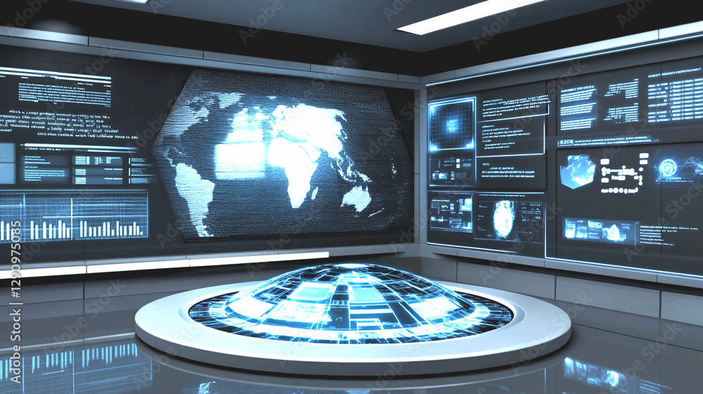 Futuristic Control Room with Global Data Display and Digital Interfaces Stock Photo | Adobe Stock