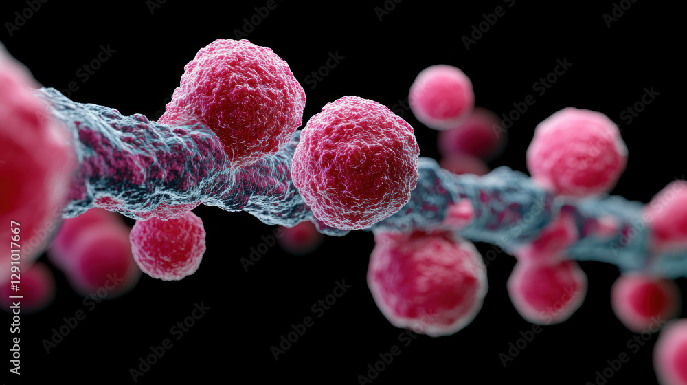 Chaîne de cocci roses sur filament bleuté, visualisation microscopique ...