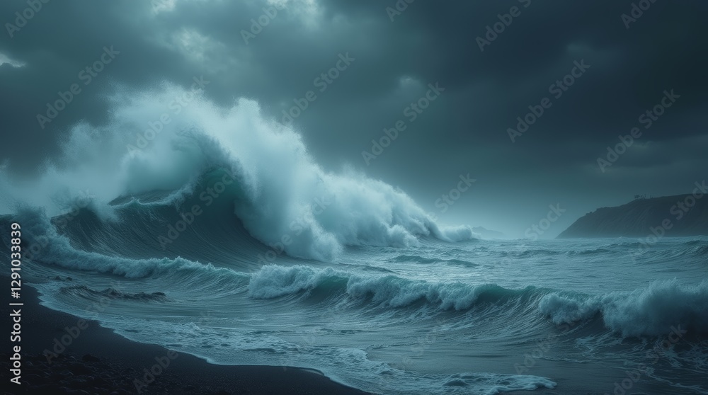 Giant Tsunami Wave with Dark Stormy Sky and Clouds with Lightning and ...