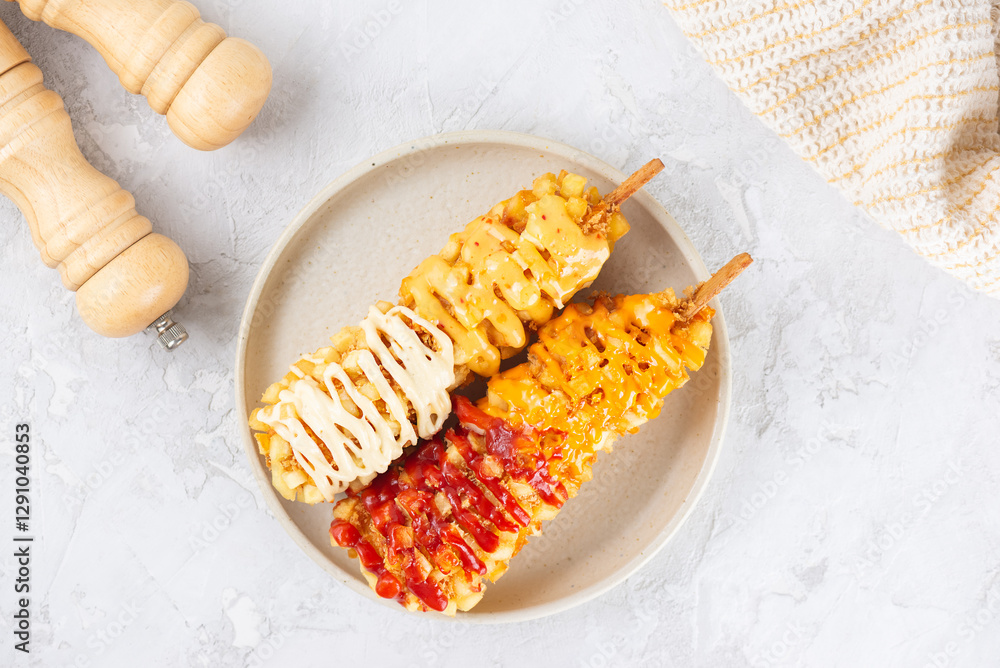 Corn dog made from skewered sausages coated in a thick layer of ...