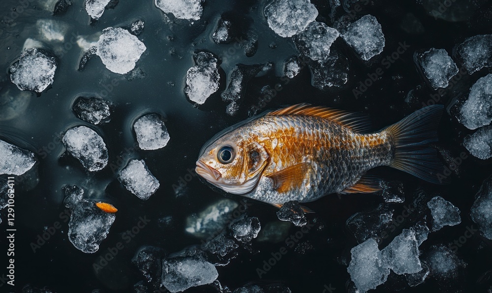 Black background with scattered ice cubes and one whole fish, top view ...