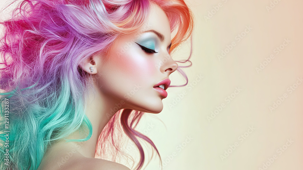 Beautiful woman with pink hair and pastel blue makeup. High resolution ...