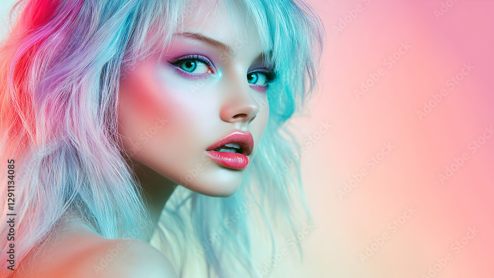 Beautiful woman with pink hair and pastel blue makeup. High resolution ...